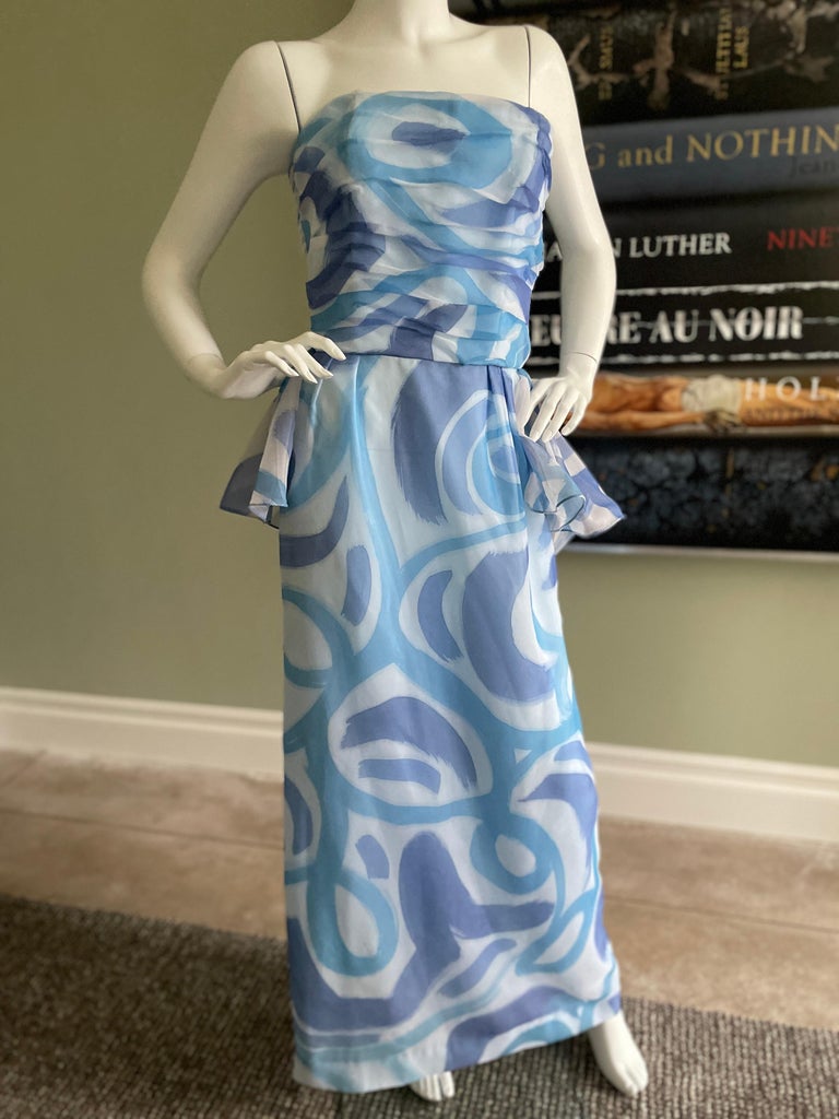 Victor Costa 80's Water Pattern Strapless Dress with Ruffled Bustle ...