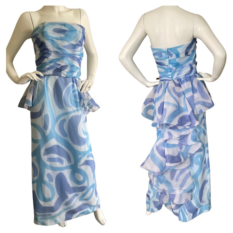 Victor Costa 80's Water Pattern Strapless Dress with Ruffled Bustle ...