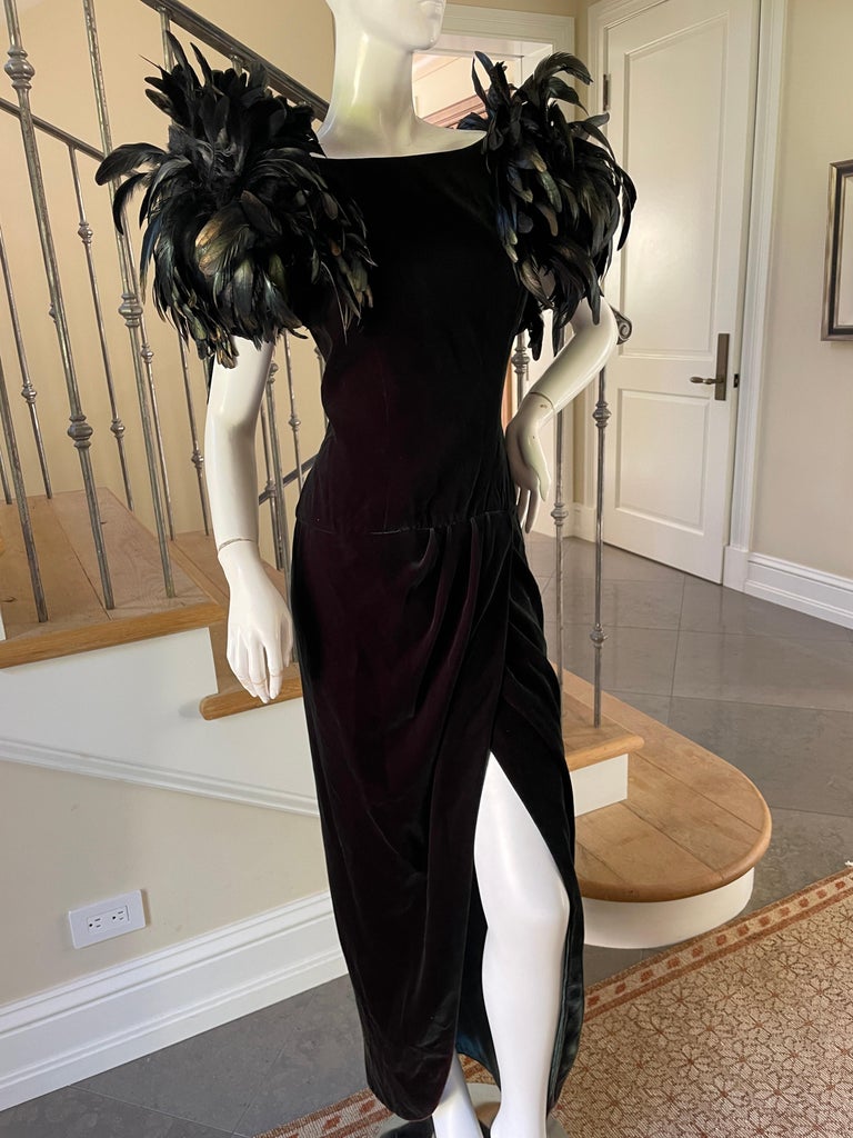 Victor Costa I Magnin 1980's Green Velvet Evening Dress w Coq Feather ...