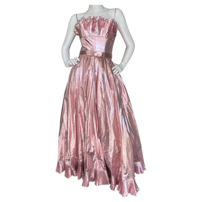 Victor Costa Strapless Vintage Metallic Pink Pleated Evening Dress For ...