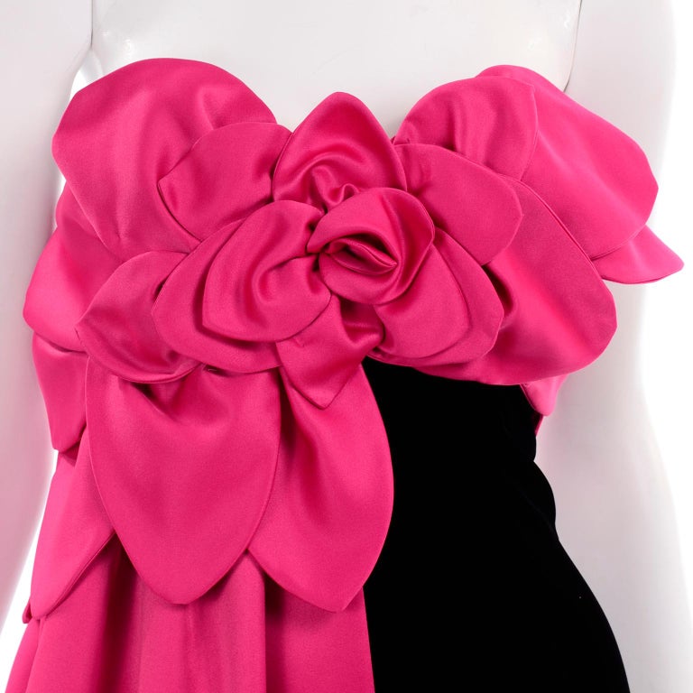 Victor Costa Vintage Black Velvet Strapless Evening Dress W Hot Pink ...