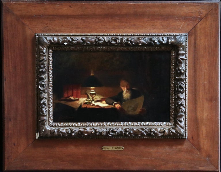 Victor Lecomte - Reading - 19th Century Oil, Man Reading by Lamp in ...