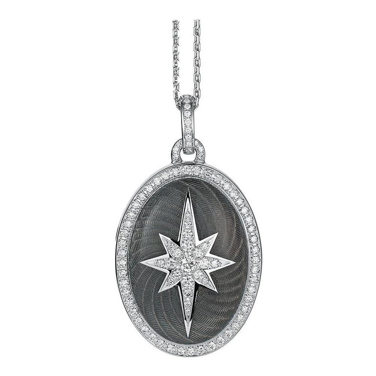 Oval Locket Pendant Star - 18k White Gold - Silver Enamel Guilloche 85 ...