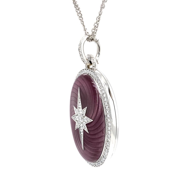 Oval Locket Pendant Star 18k White Gold Pink Enamel Guilloche 108 ...