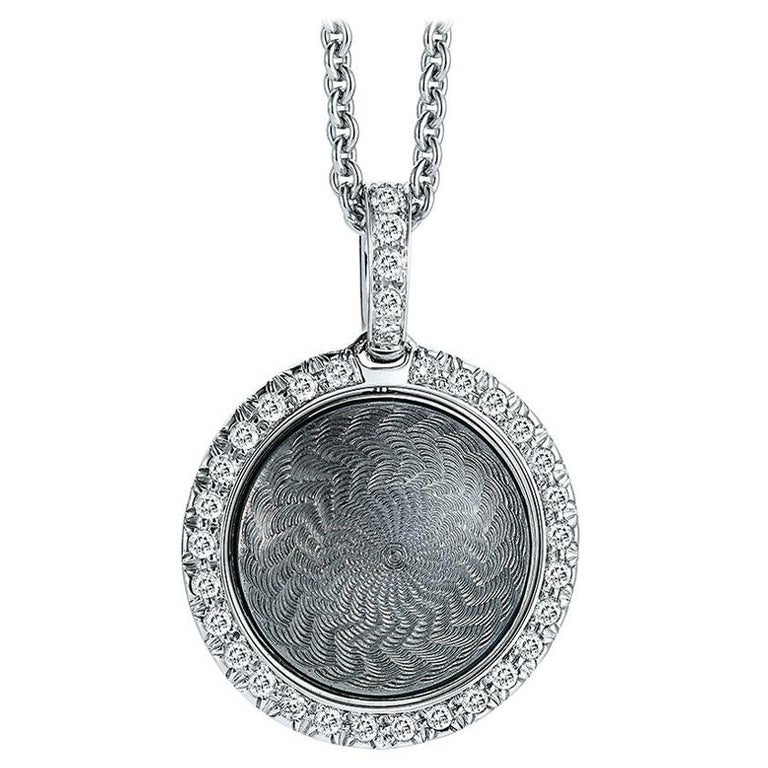 Round Two Sided Pendant 18k White Gold Silver Fondant Blue Enamel 34 ...