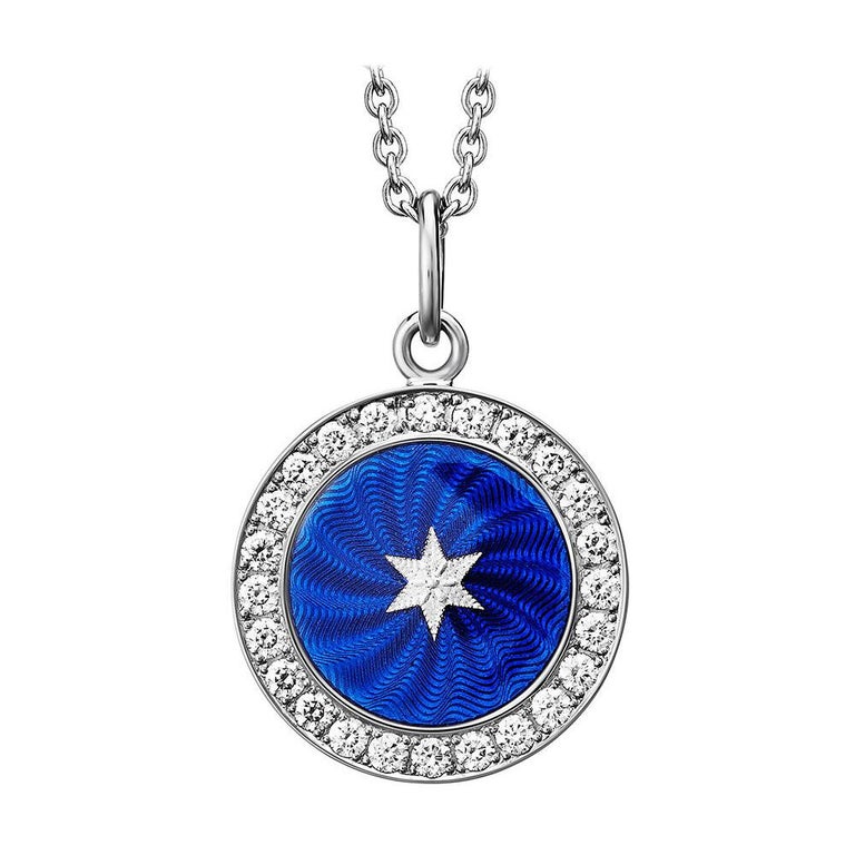 Round Disc Pendant 18k White Gold Electric Blue Enamel 24 diamonds 0.36 ...