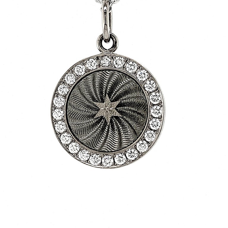 Round Disc Pendant with Star 18k White Gold Silver Enamel 24 Diamonds 0 ...
