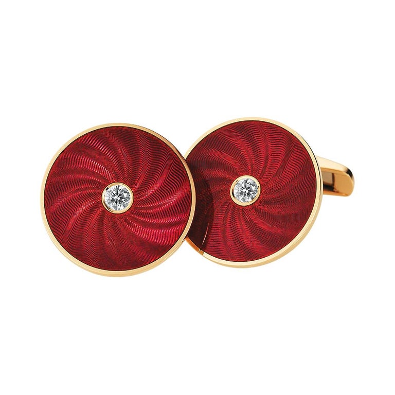 Round Cufflinks 18k Yellow Gold Raspberry Red Guilloche Enamel 2 ...