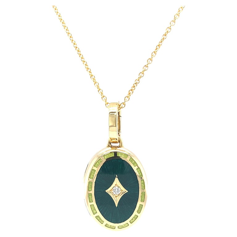 Oval Locket 18k Yellow Gold Green Enamel and Diamond 20x15mm 1 diamond ...