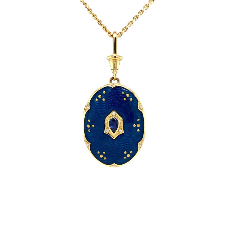 Oval Locket Necklace 18k YG Blue Vitreous Guilloche Enamel Sapphire 27 ...
