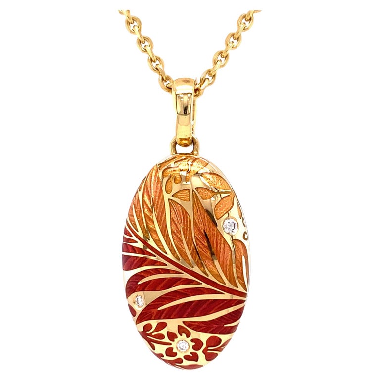 Oval Floral Locket Pendant Necklace 18k Yellow Gold Red/Orange Enamel 3 ...