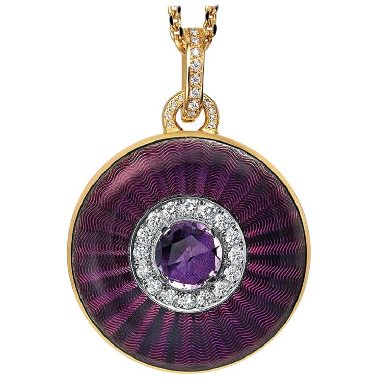 Locket Pendant Necklace 18k Yellow/White Gold Purple Enamel 37 Diamonds ...