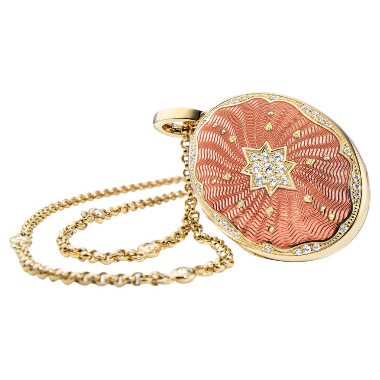 Oval Locket Pendant 18k Yellow Gold Rose Vitreous Enamel 37 Diamonds 0. ...