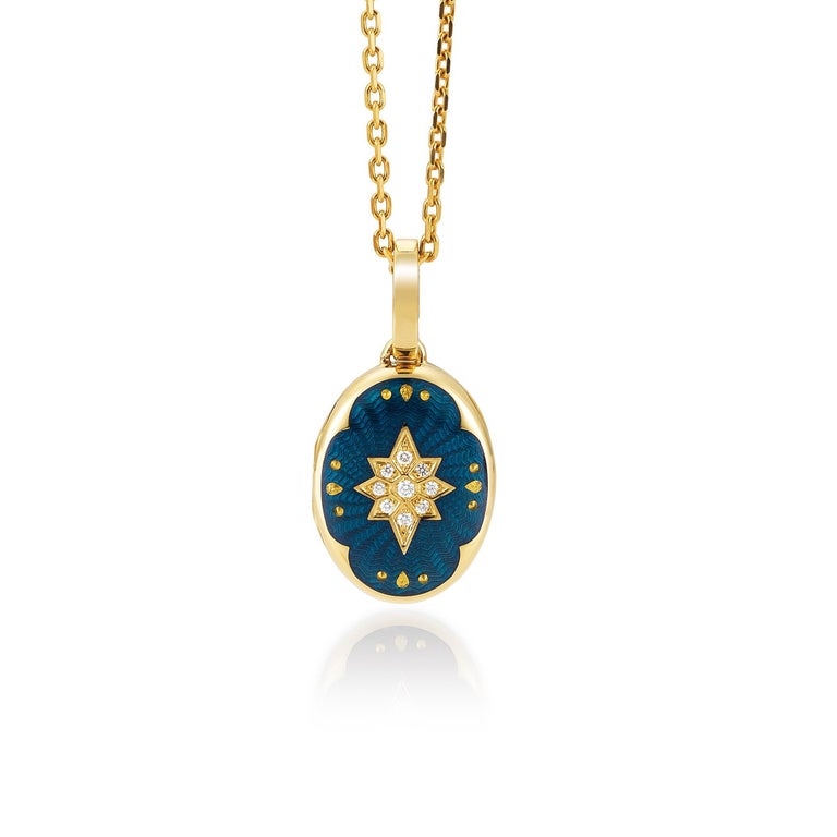 Oval Victoria Pendant Locket 18k Yellow Gold Blue Enamel 9 Diamonds 0. ...