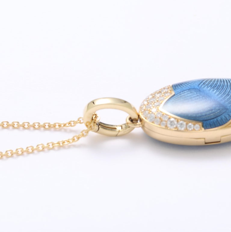 Oval Locket Pendant - 18k Yellow Gold - Blue Vitreous Enamel 43 ...