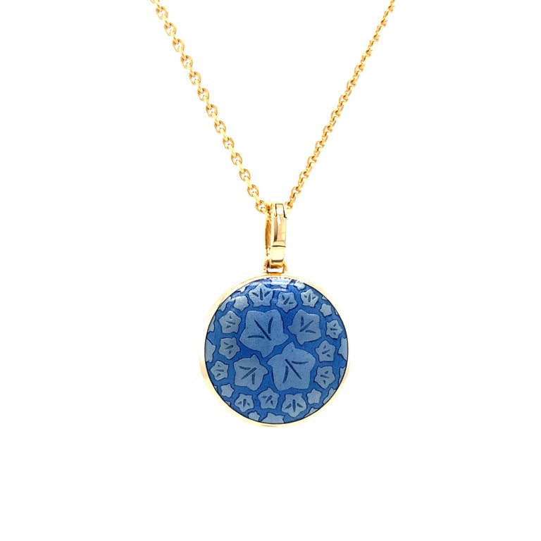 Round Locket Pendant Necklace 18k Yellow Gold Opalescent Blue Enamel 5 ...
