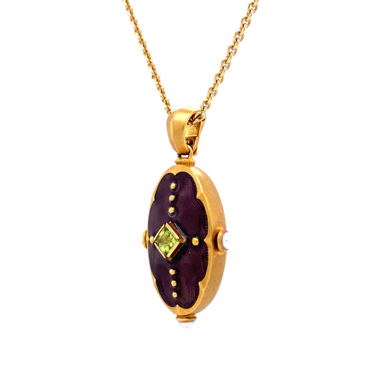 Oval Locket Pendant 18k Yellow Gold Matt Purple Enamel 1 Peridot 3 ...