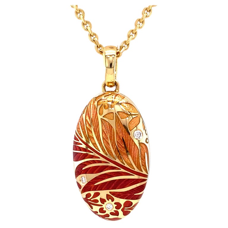 Oval Floral Locket Pendant 18k Yellow Gold Red/Orange Enamel 3 Diamonds ...