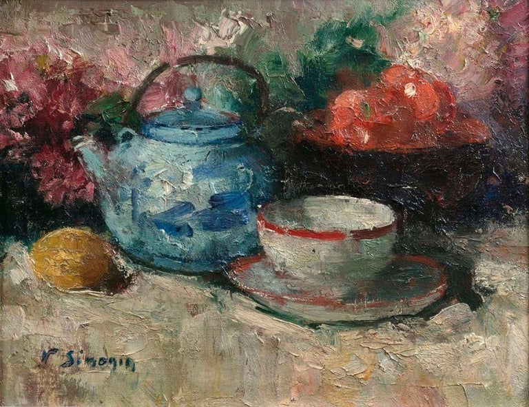 Victor Simonin - Still Life with Teapot - Impressionist Oil on Canvas ...