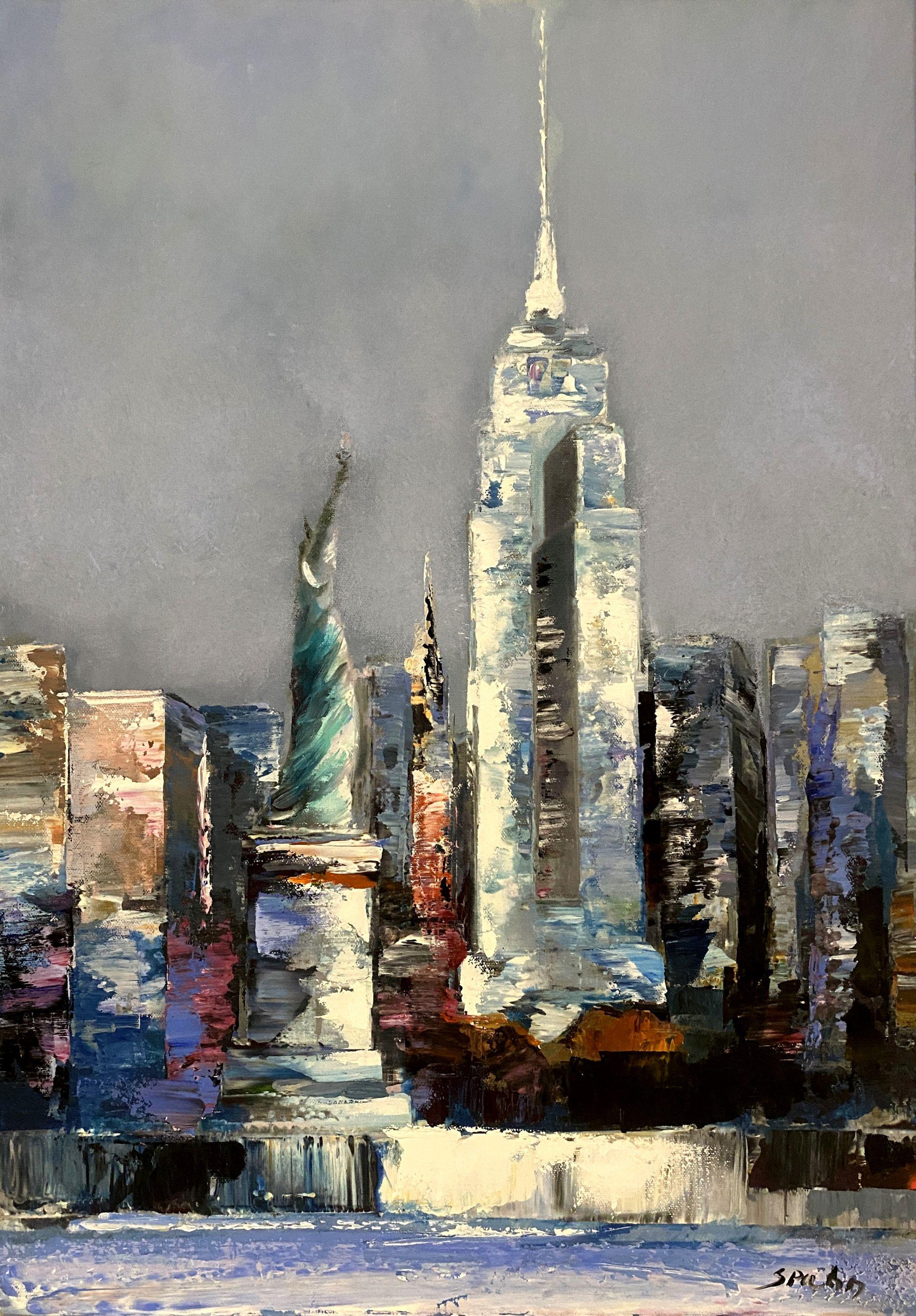 Victor Spahn - View Of New York and Statue of Liberty - Original Oil on ...