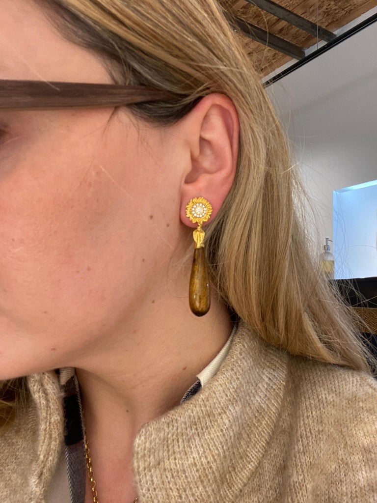 Victor Velyan Gold Coral Drop Earrings with Sunflower Studs in 18 Karat ...
