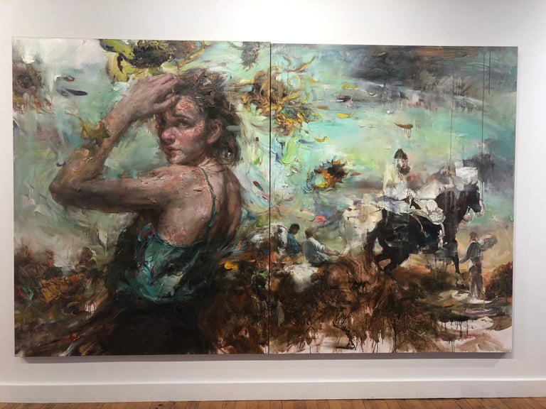 Victor Wang - Breeze from the Orient, Diptych, Female Figure, Riders on ...