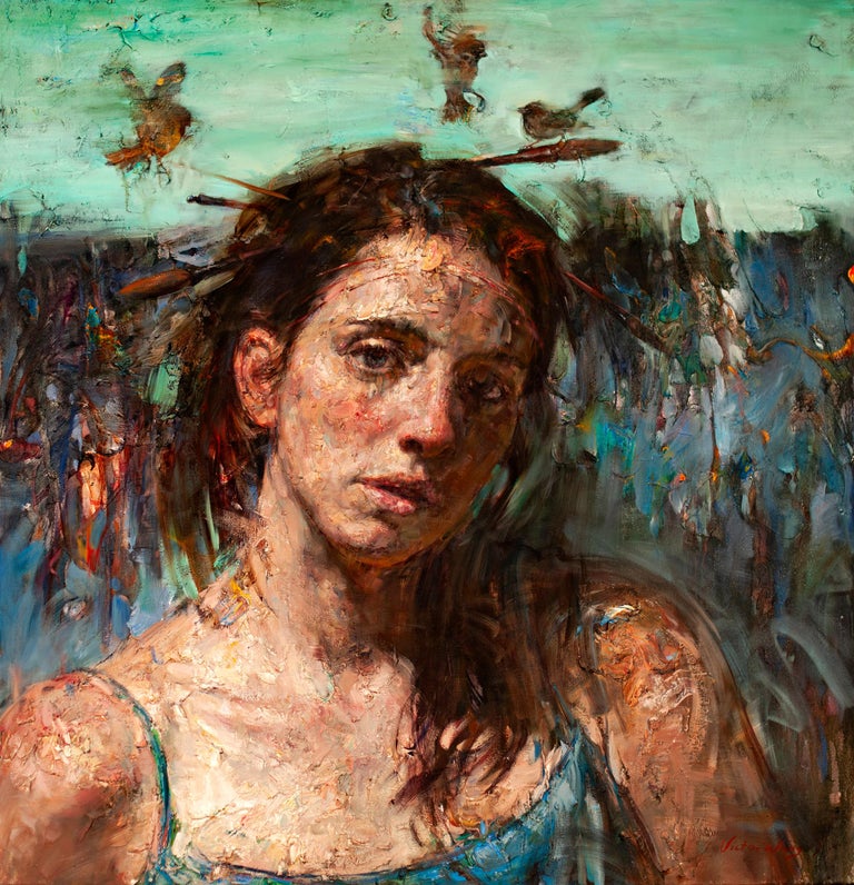 Victor Wang - "Hometown's Home Sparrow", Contemporary, Portrait, Oil Painting, Canvas, Texture ...