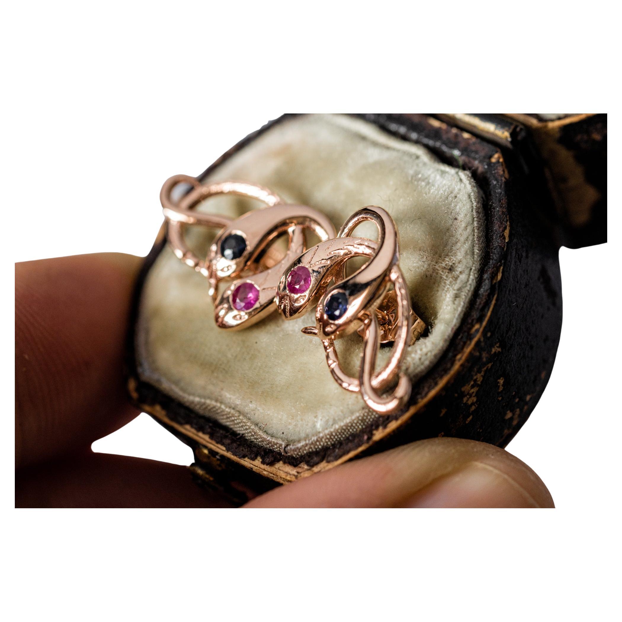 Antique Diamond Snake Earrings Solid 14k Gold, Victorian Revival Gold Snake Stud For Sale at 1stDibs