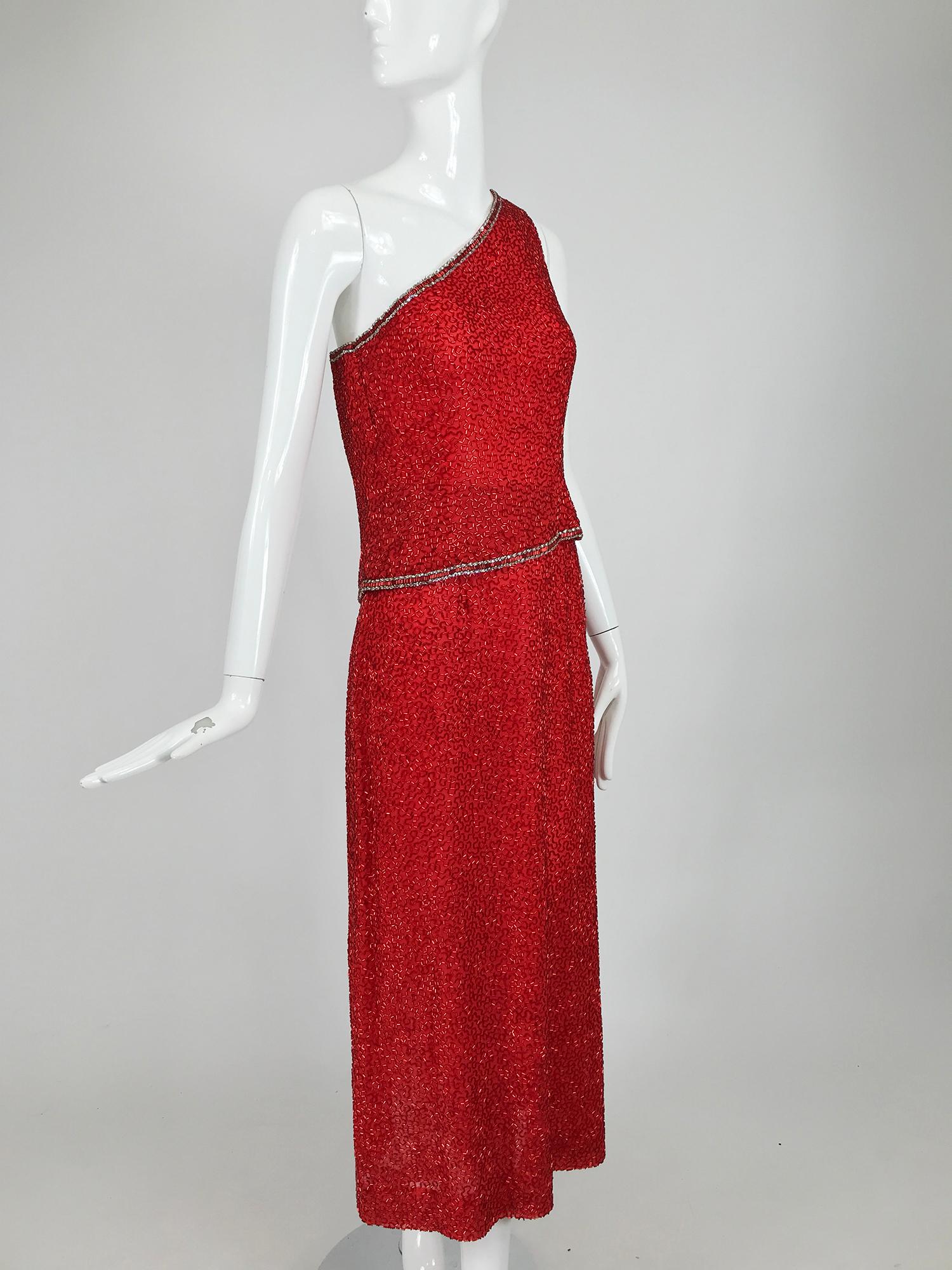 Victoria Royal Fire Engine Red Beaded Two Piece One Shoulder Gown 1960s ...