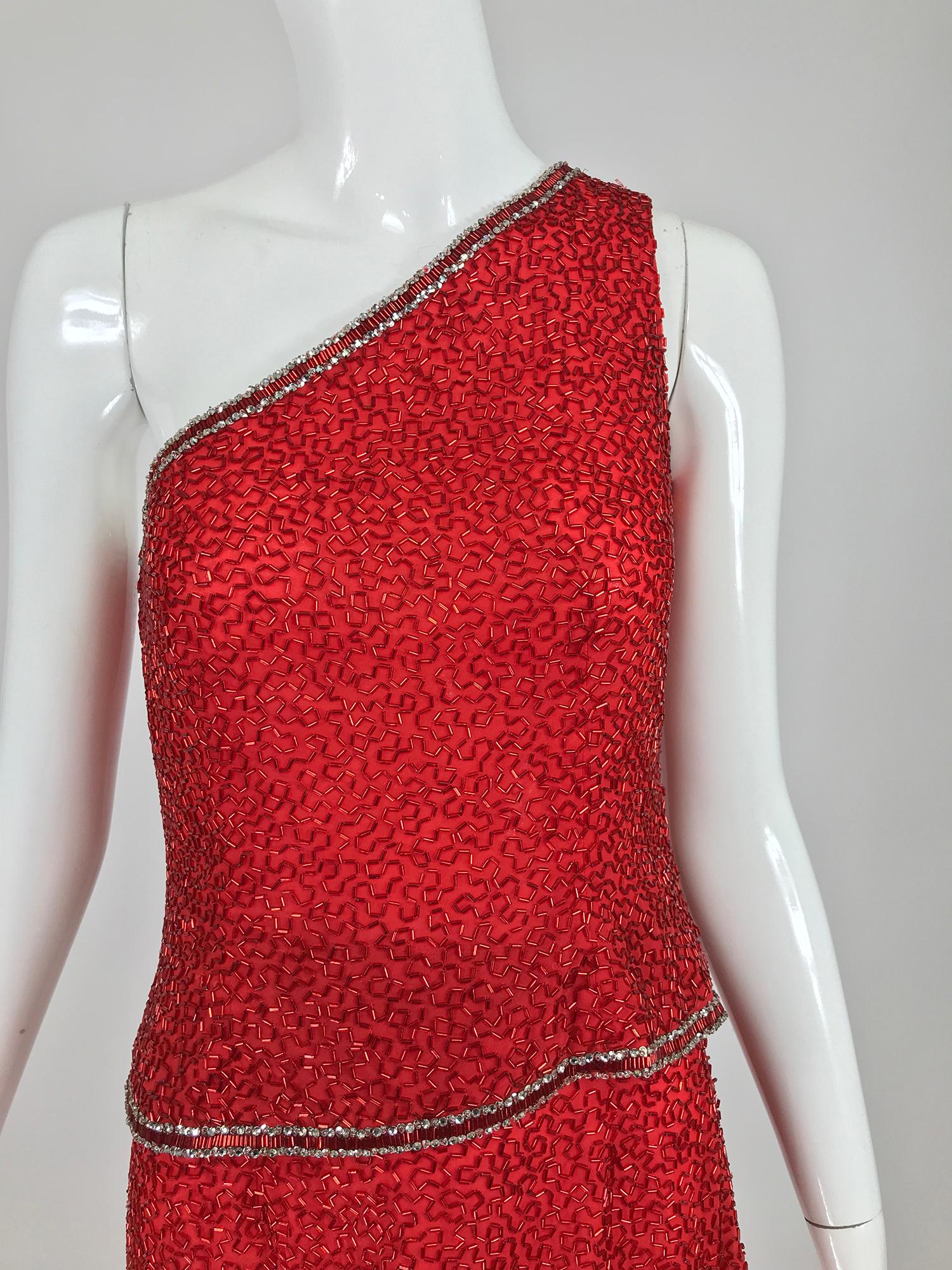 Victoria Royal Fire Engine Red Beaded Two Piece One Shoulder Gown 1960s ...