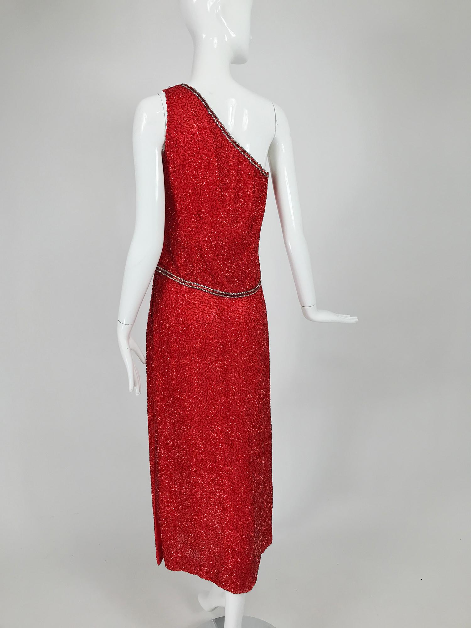 Victoria Royal Fire Engine Red Beaded Two Piece One Shoulder Gown 1960s ...