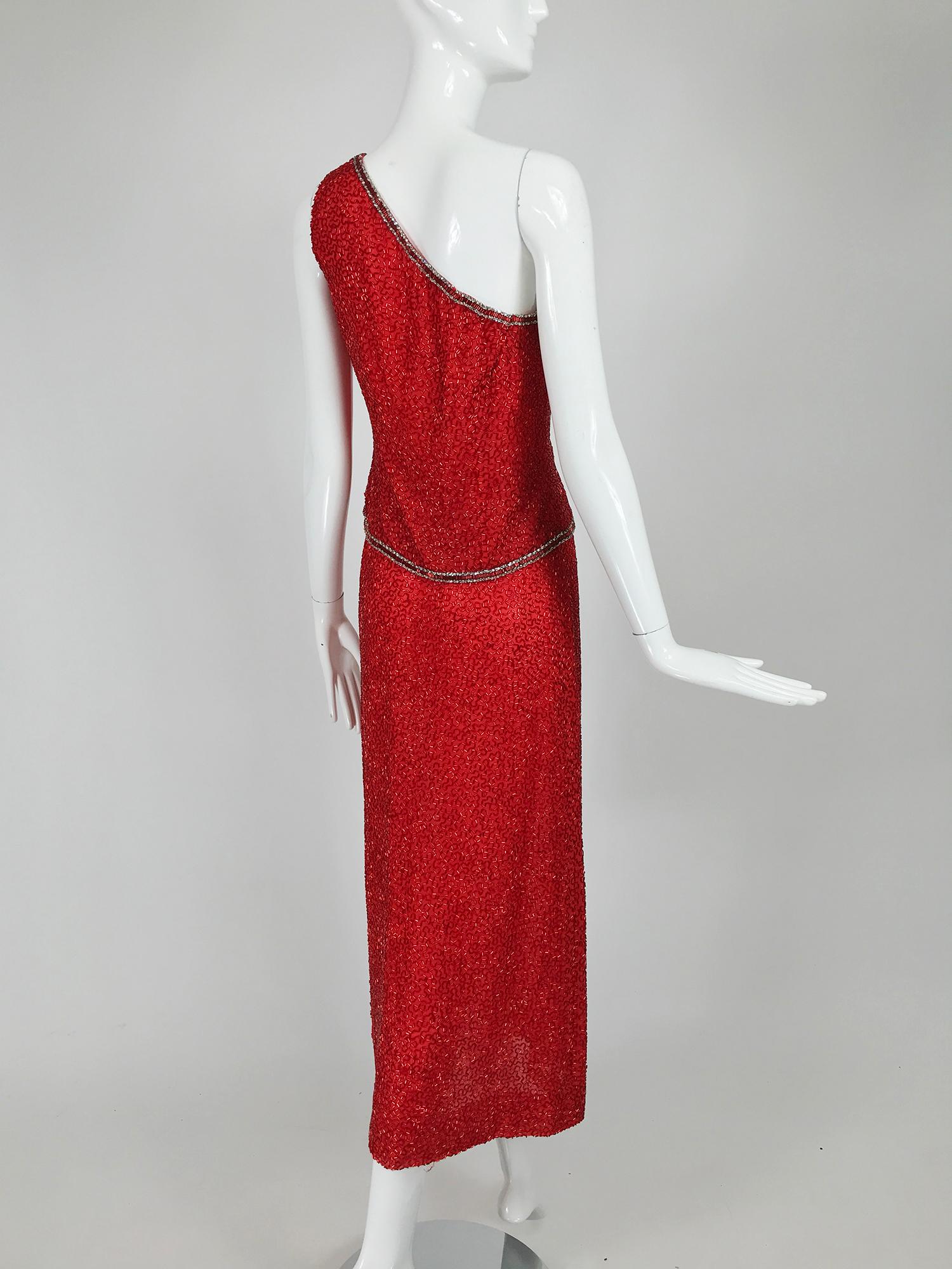 Victoria Royal Fire Engine Red Beaded Two Piece One Shoulder Gown 1960s ...