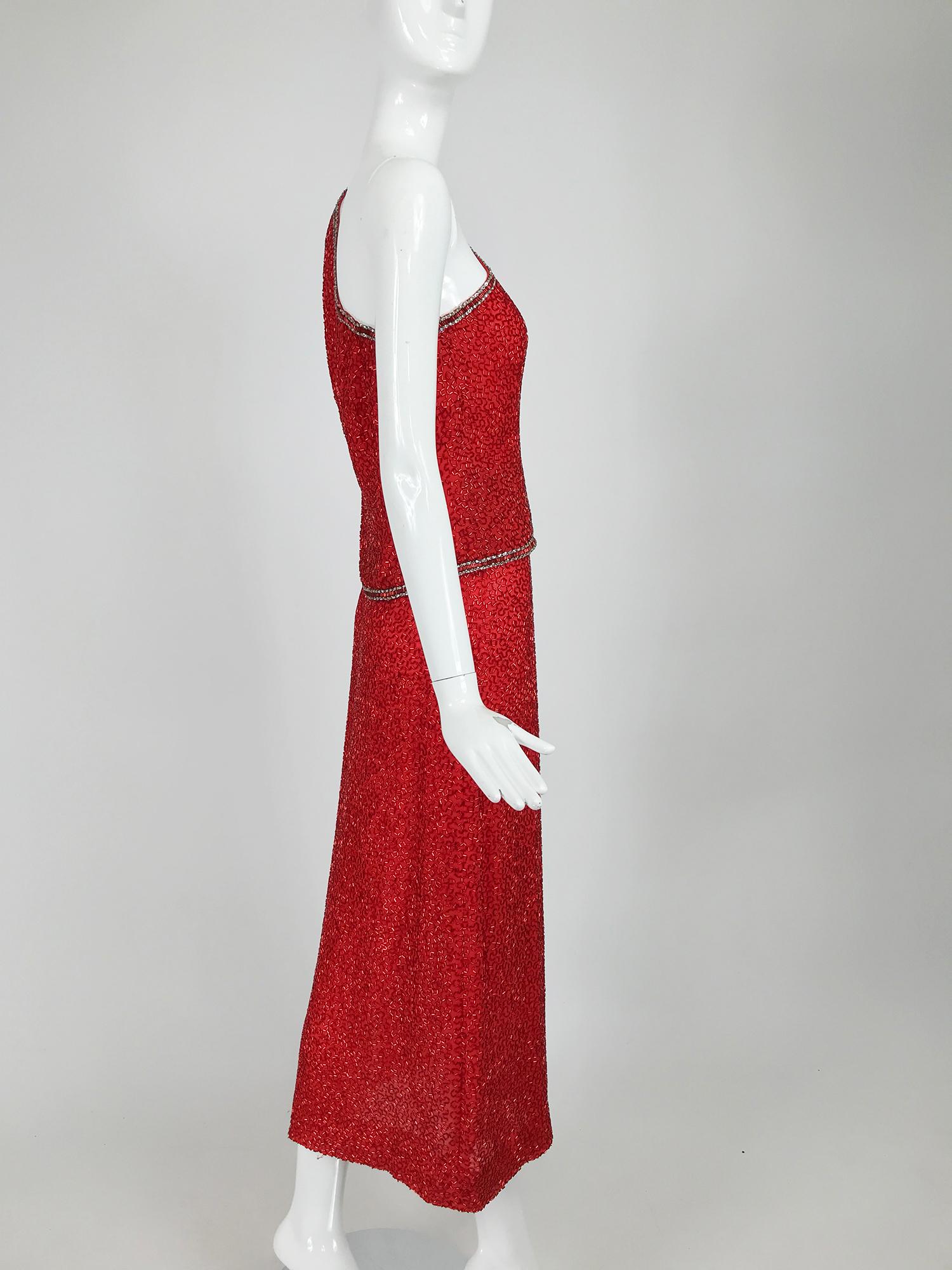 Victoria Royal Fire Engine Red Beaded Two Piece One Shoulder Gown 1960s ...