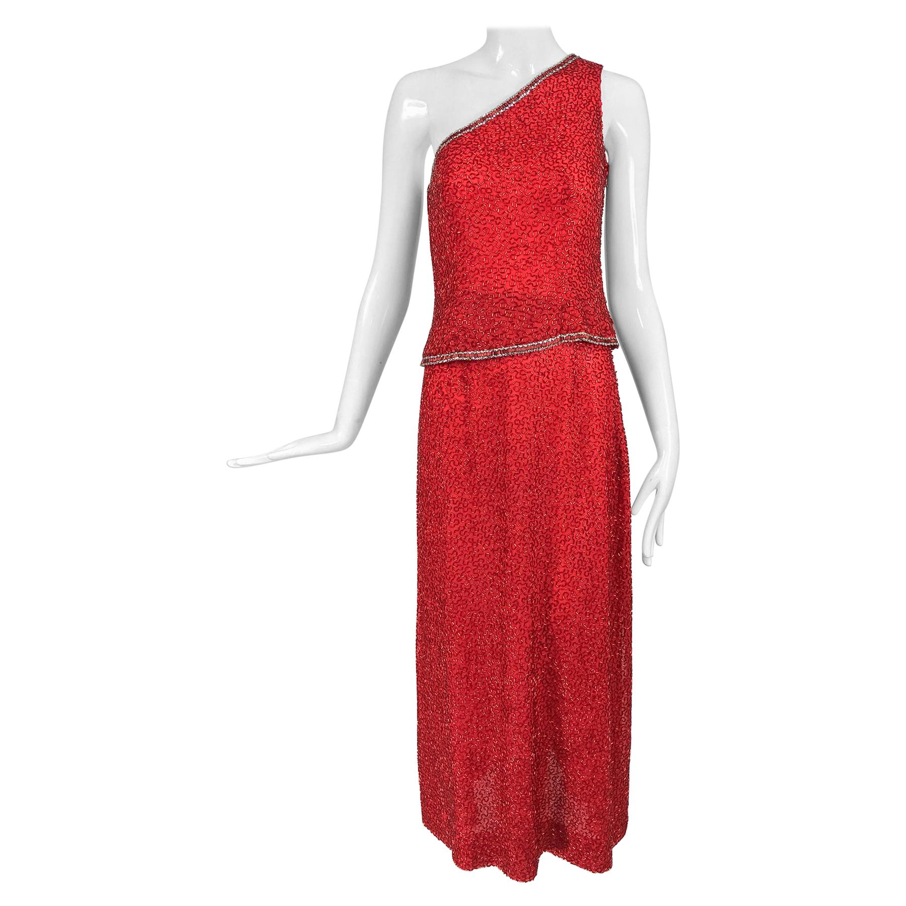 Victoria Royal Fire Engine Red Beaded Two Piece One Shoulder Gown 1960s ...