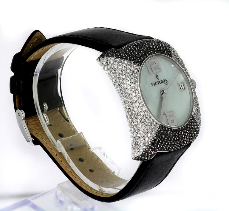 Victoria Strap Watch, Black and White Diamonds, Ladies, Mother of Pearl ...