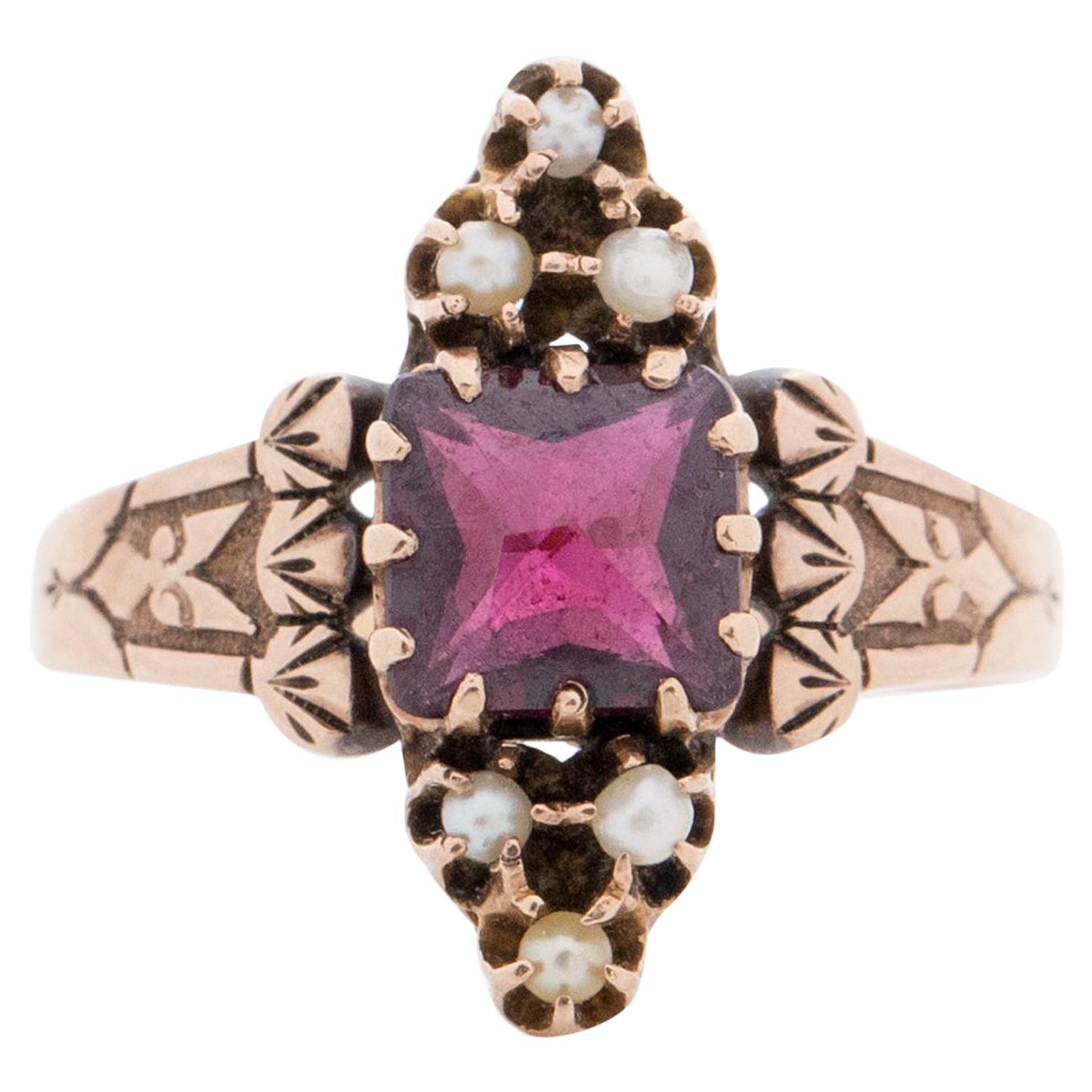 Garnet, Ruby, and Seed Pearl Italian 14 Karat Gold Ring For Sale at 1stDibs