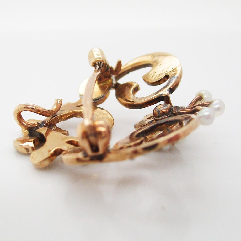 Victorian 10 Karat Rose Gold Heart Shape Seed Pearl and Diamond Pin ...