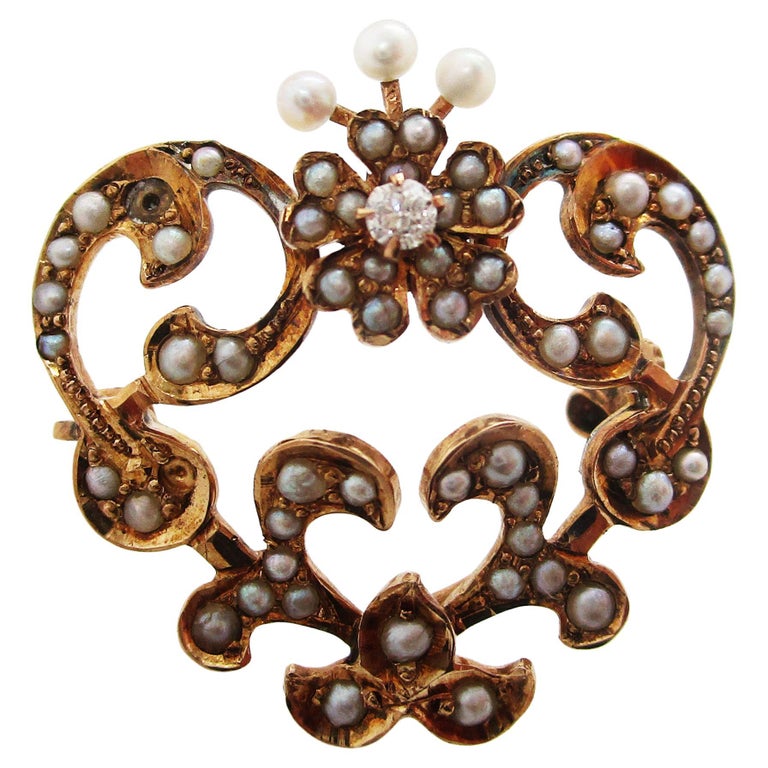 Victorian 10 Karat Rose Gold Heart Shape Seed Pearl and Diamond Pin ...