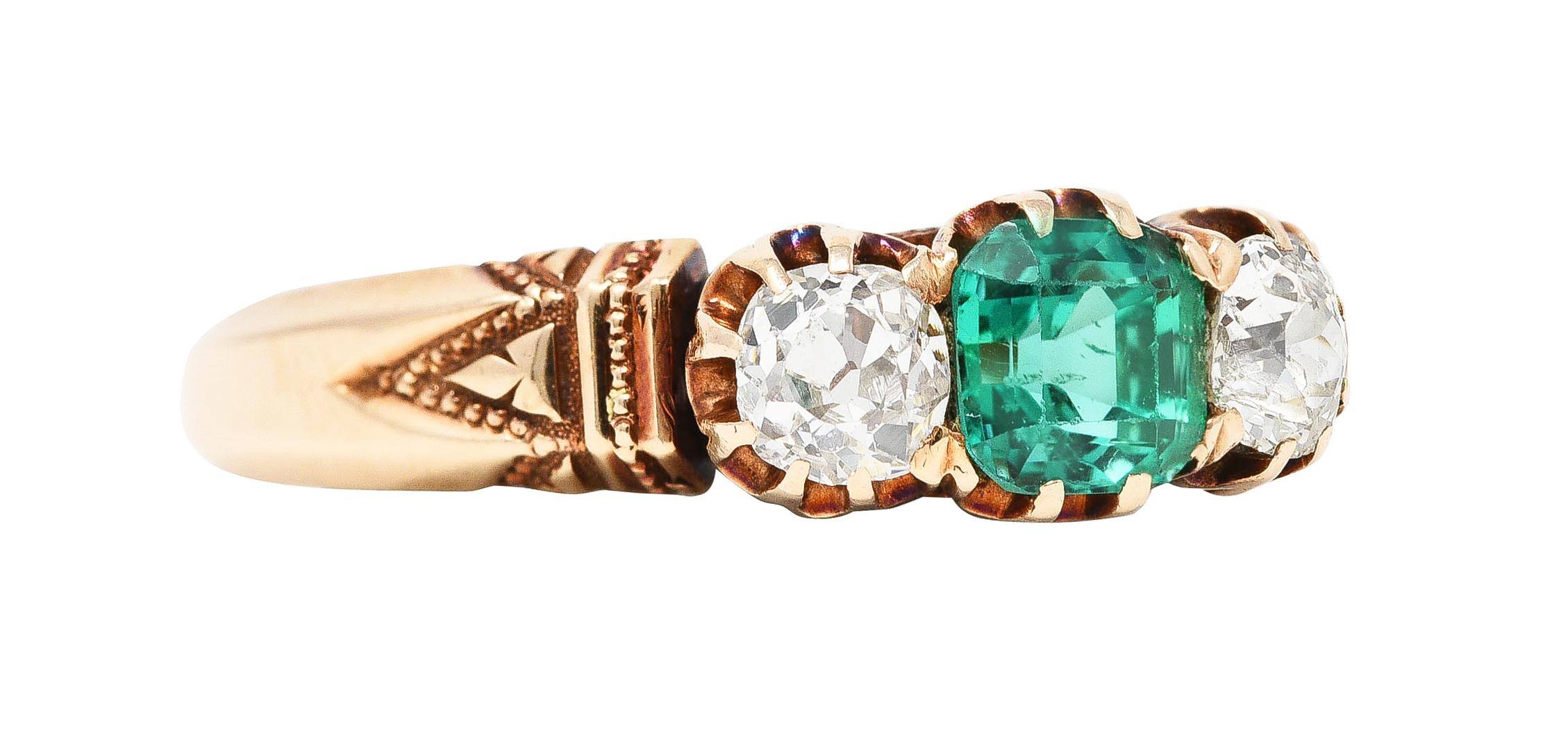 Victorian 1.00 Carat Emerald Old Mine Cut Diamond 14 Karat Gold Belcher ...