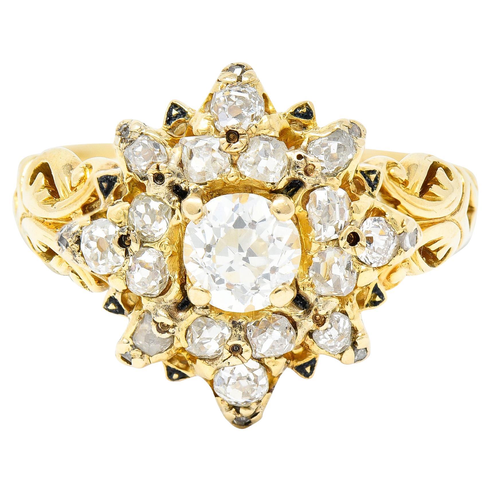 Victorian 1.82 Carats Sapphire Old European Cut Diamond 14 Karat Gold ...