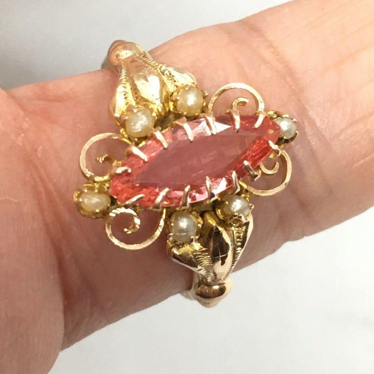 Victorian 12K Gold Seed Pearl Navette Cut Peach Sapphire Ring, 1880s ...