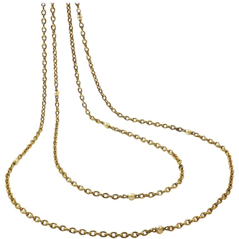 Victorian 14 Karat Gold and Pearl Long Guard Chain Necklace, Vienna ...
