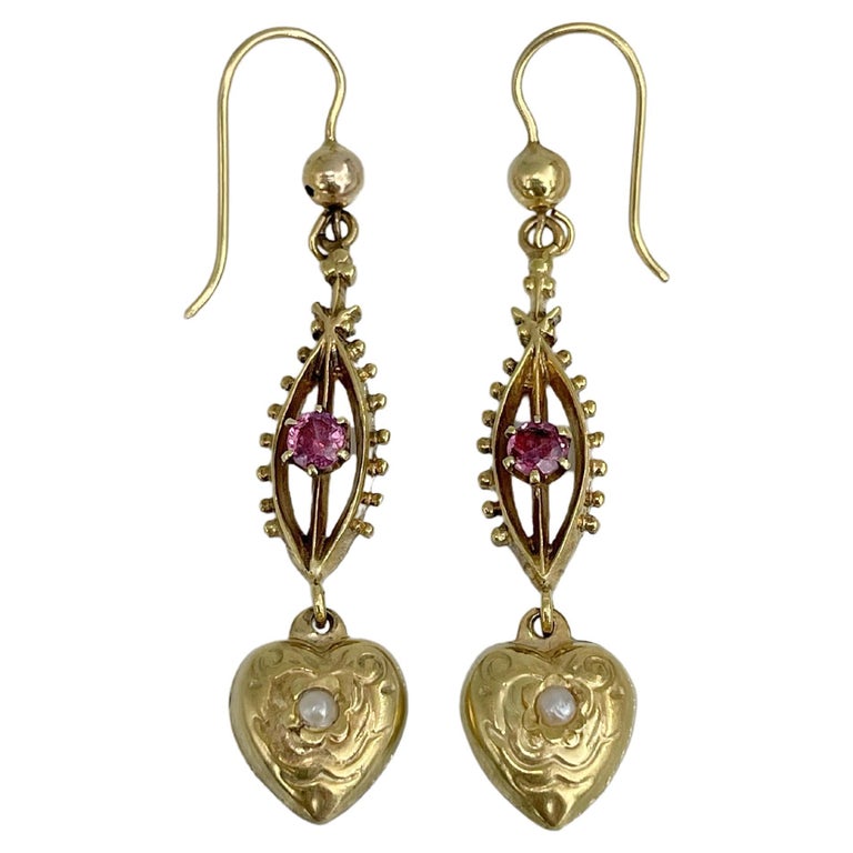 Victorian 14 Karat Gold Pink Sapphire Seed Pearl Heart Drop Dangle
