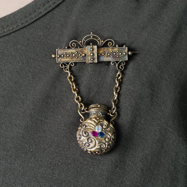 Victorian 14 Karat Gold Diamond Sapphire and Ruby Brooch with Perfume ...