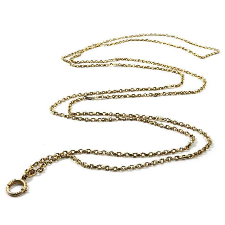 Victorian 14 Karat Gold and Pearl Long Guard Chain Necklace, Vienna ...
