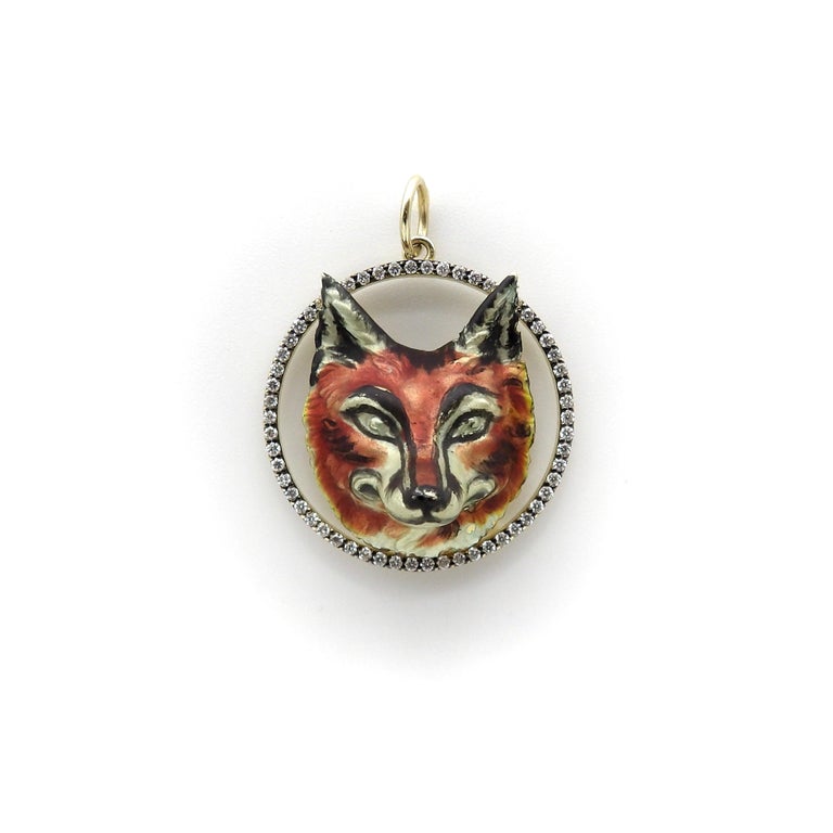 Victorian 14k Gold Enameled Fox Pendant with Diamond Halo Signature ...