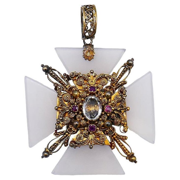 Victorian 14k Gold Multi-Gems Maltese Cross Pendant For Sale at 1stDibs