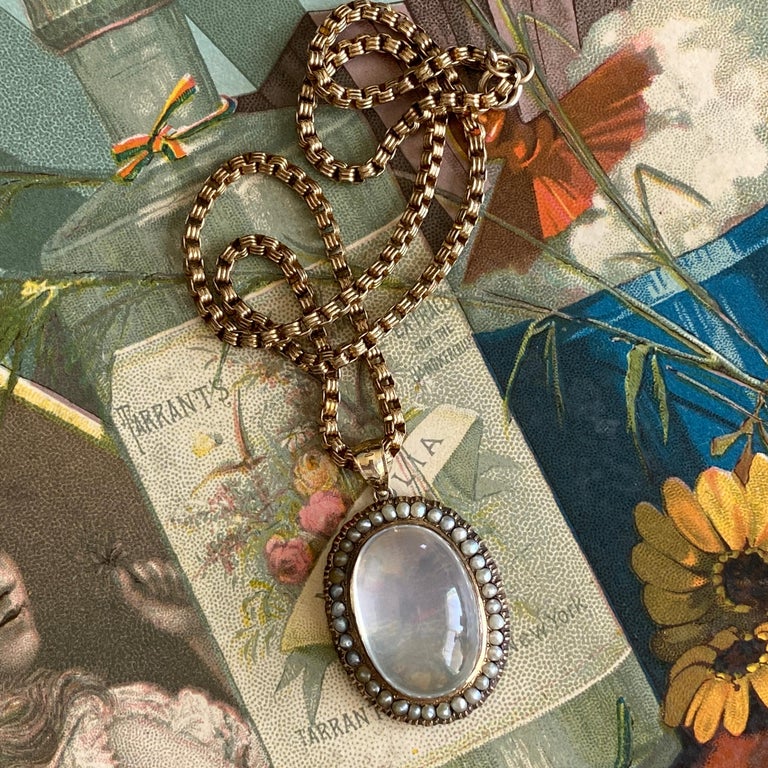 Victorian 14K Moonstone Seed Pearl Pendant For Sale at 1stDibs
