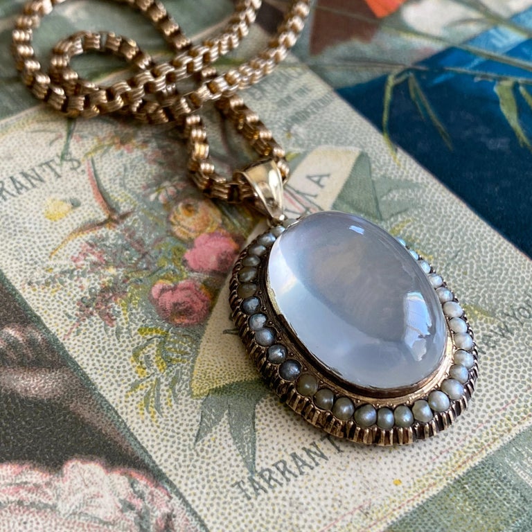 Victorian 14K Moonstone Seed Pearl Pendant For Sale at 1stDibs
