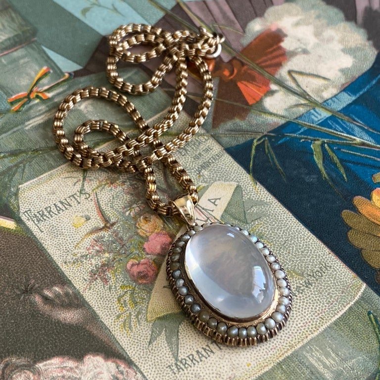 Victorian 14K Moonstone Seed Pearl Pendant For Sale at 1stDibs